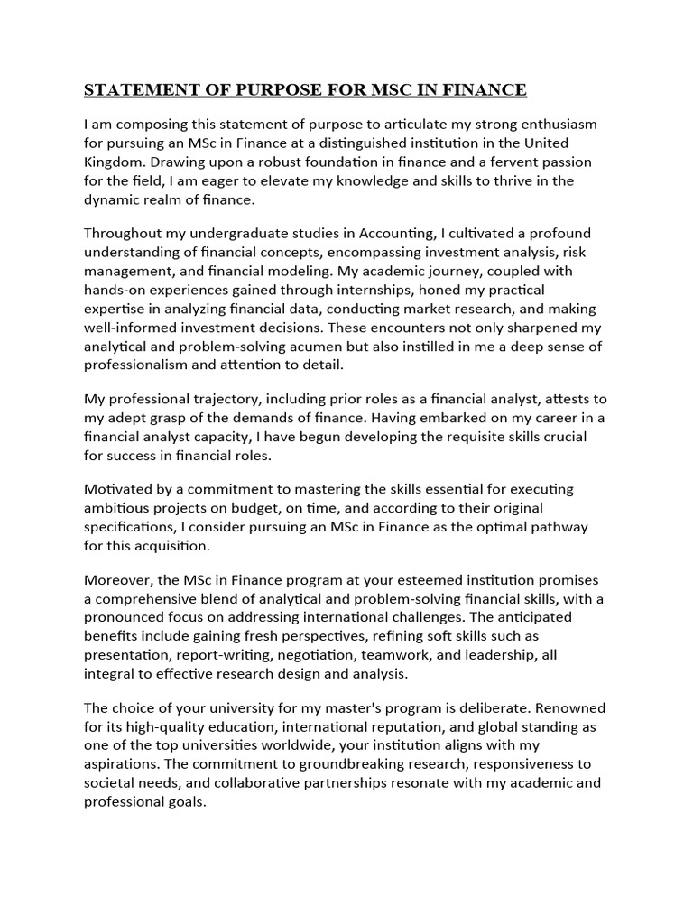 MSc Finance Statement of Purpose | PDF | Financial Analyst | University