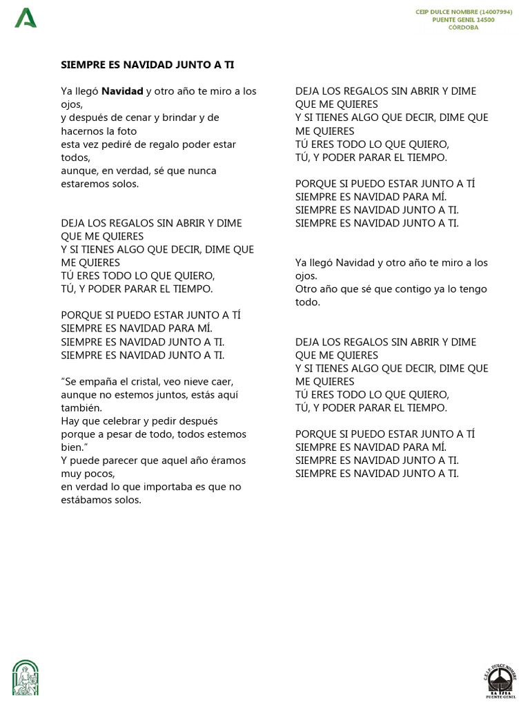 Letra Villancico Siempre Es Navidad Junto A Tí. | PDF