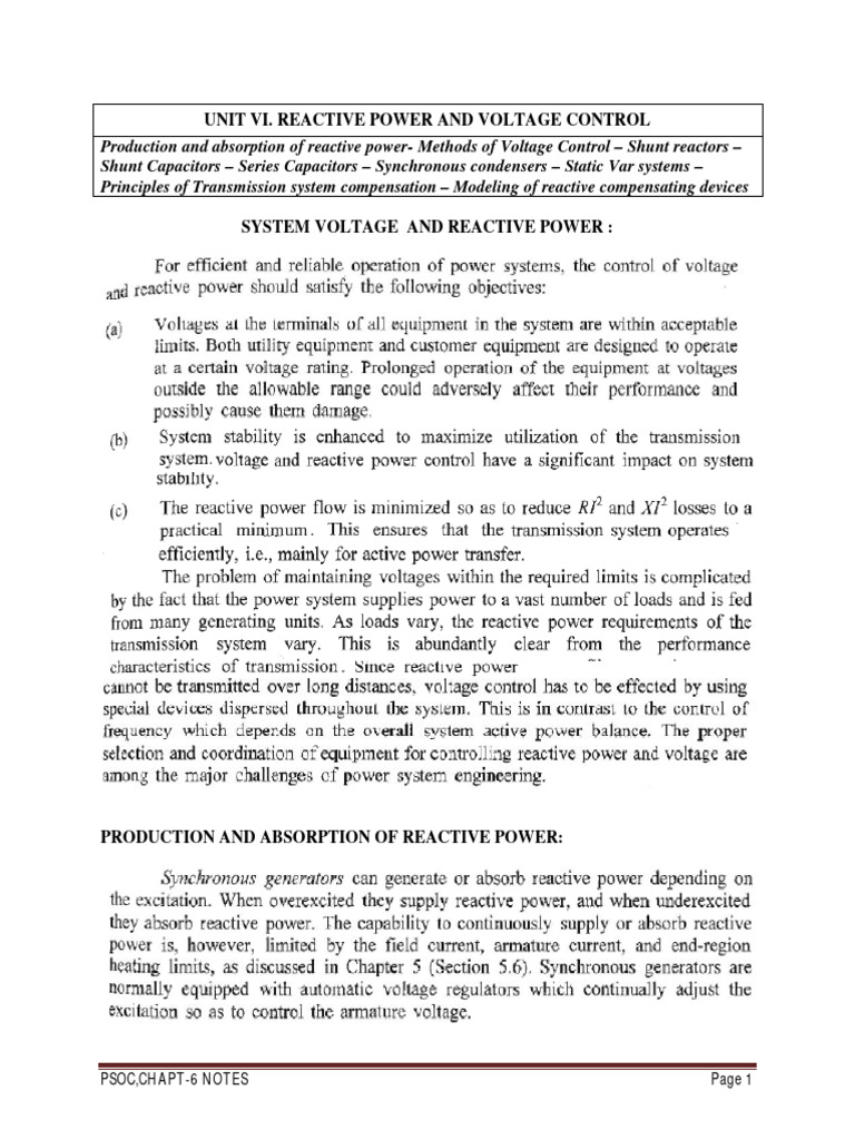 Psoc - Unit-6 - Notes (Reactive Power and Voltage Control Final | PDF
