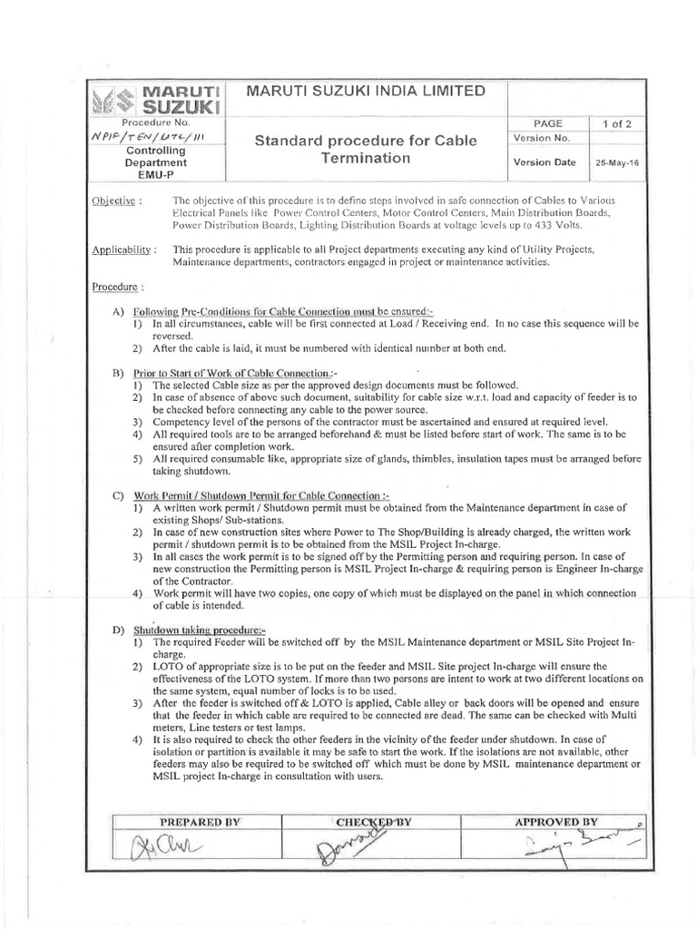 Standard Procedure For Cable Connection | PDF
