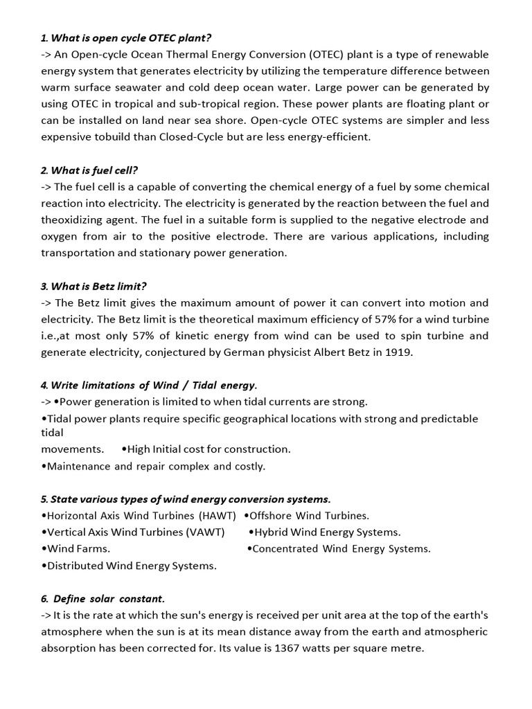 Renewable Energy Systems Notes (Mechanical Engineering) | PDF