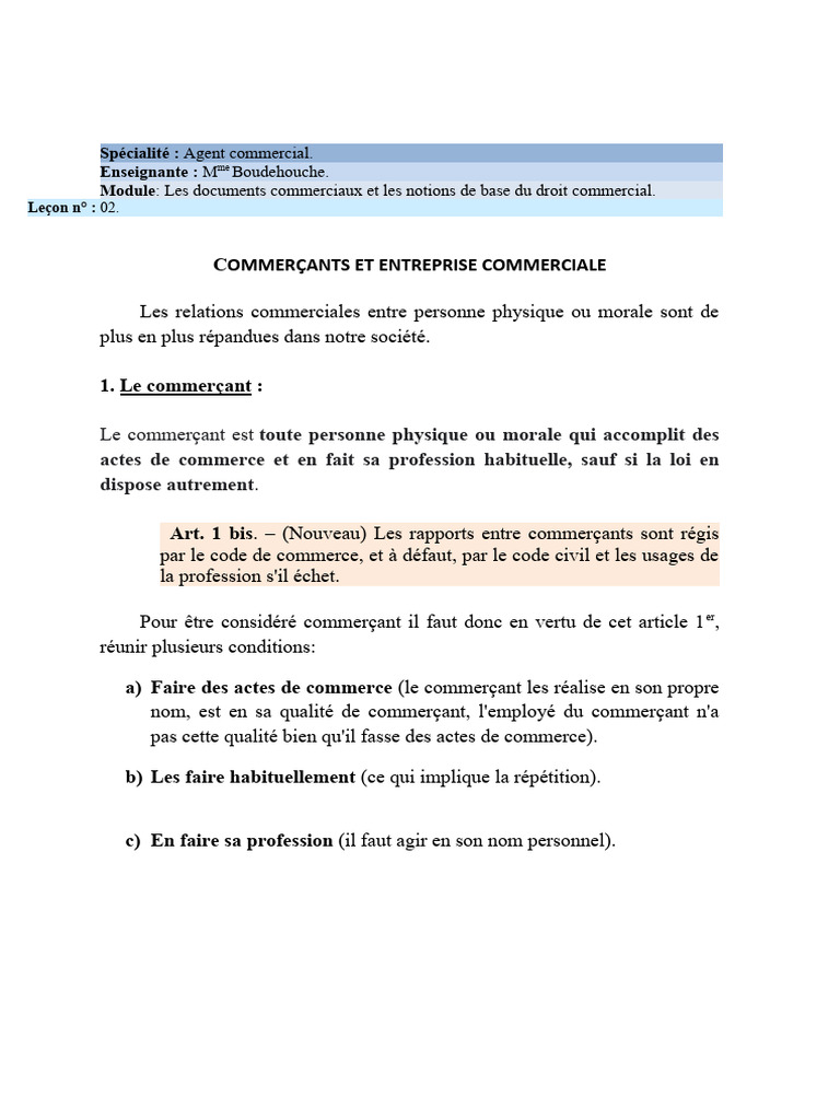 Commerçant Et Entreprise Commerciale | PDF