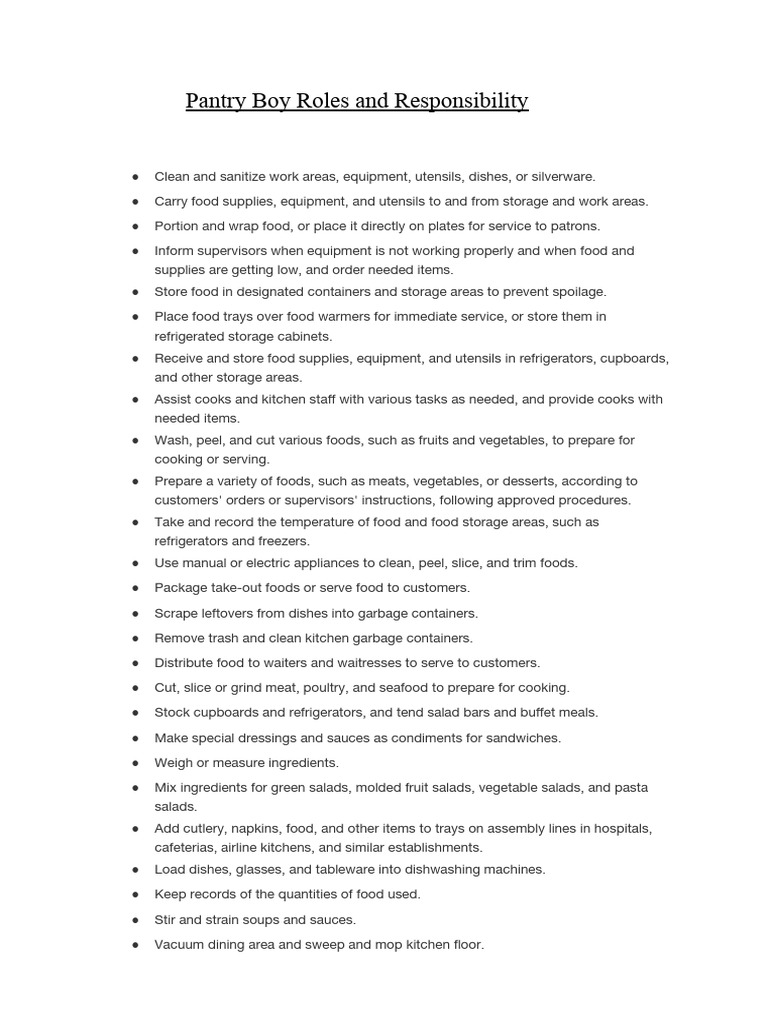 Pantry Boy Roles and Responsibility | PDF | Tableware | Salad