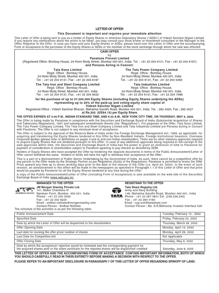 Open Offer Document VSNL | PDF