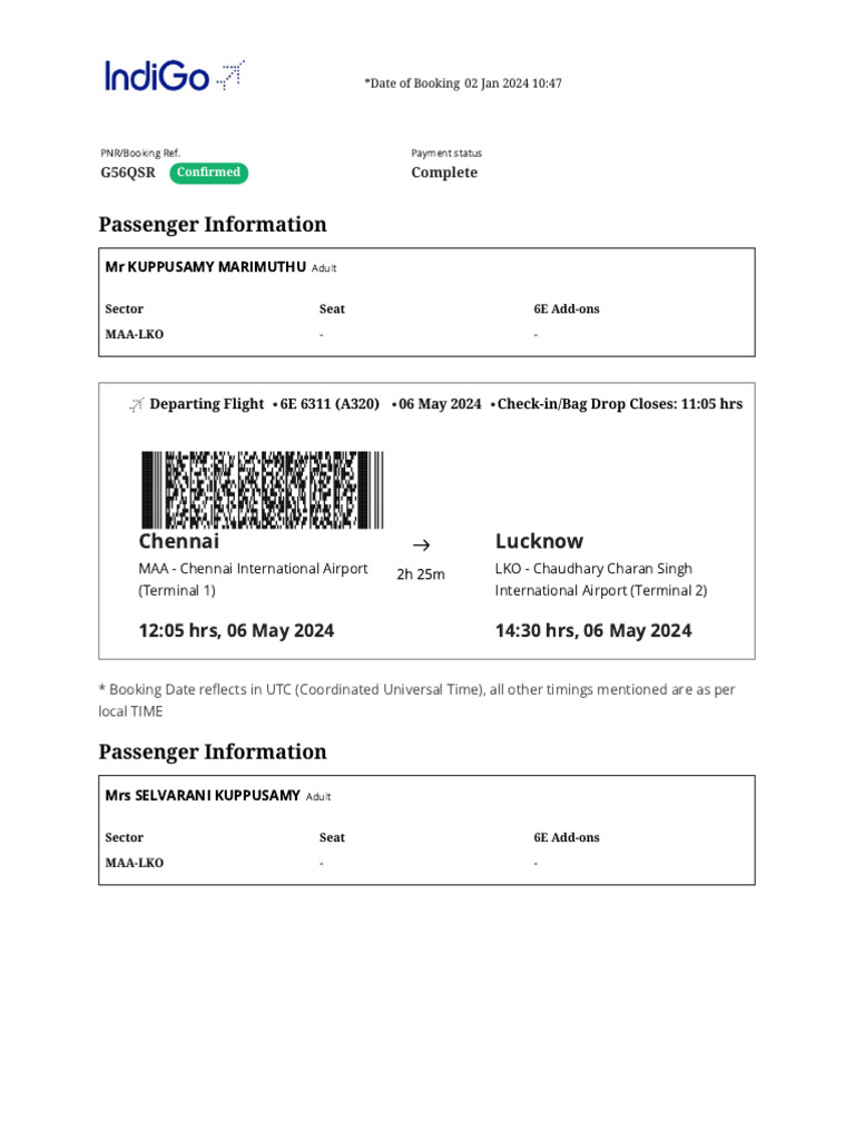 IndiGo Flight Booking Confirmation MAA-LKO | PDF