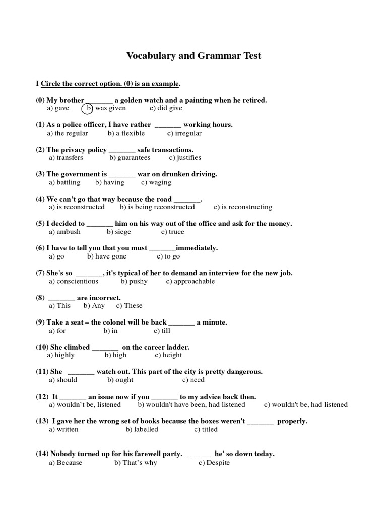 Vocabulary Grammar Test | PDF