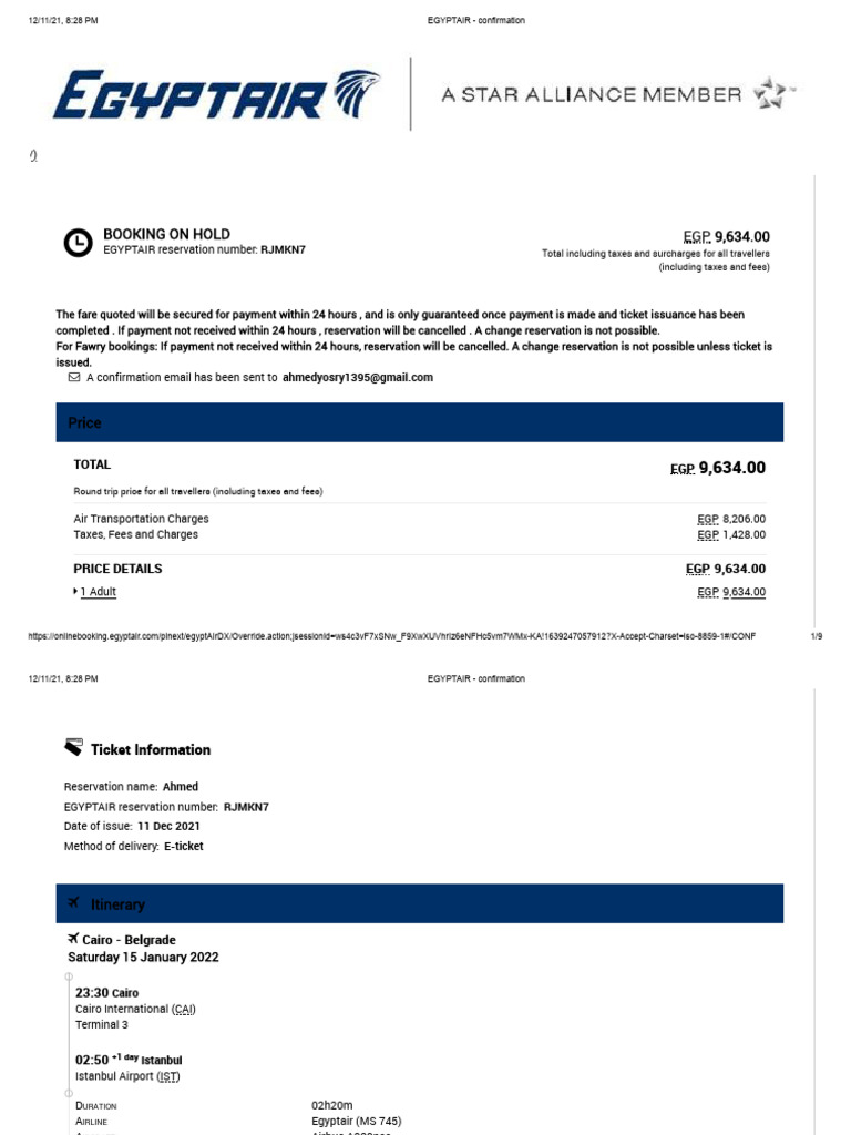 EGYPTAIR - Confirmation | PDF