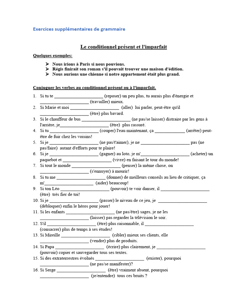 Fiche 2 - Exercices Supplémentaires de Grammaire (Tableau Avec ...