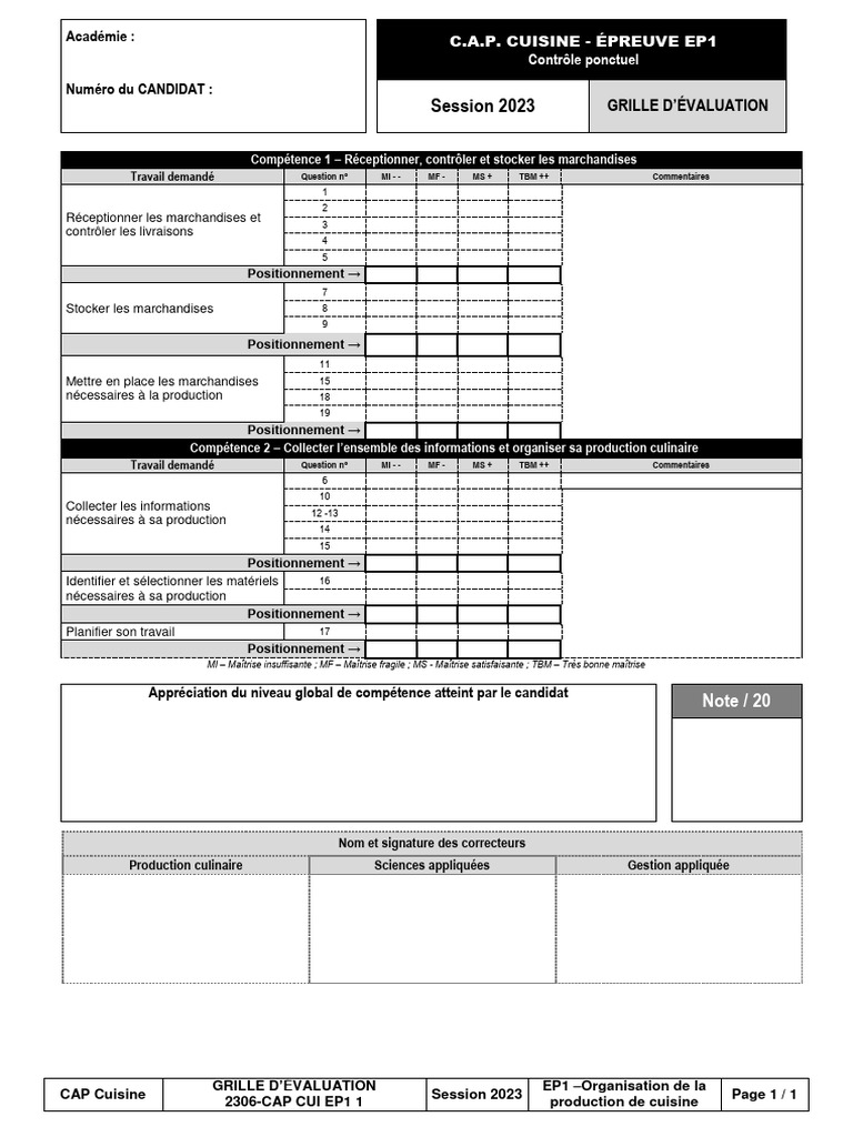 CAP Cuisine EP1 Grille-2023 | PDF