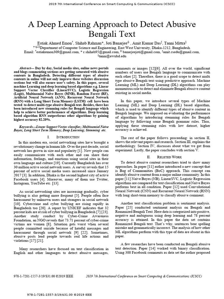 A Deep Learning Approach To Detect Abusive Bengali Text | PDF