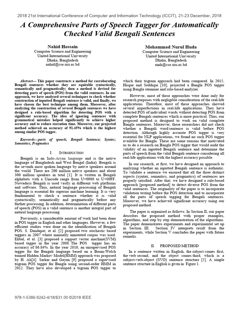 A Comprehensive Parts of Speech Tagger For Automatically Checked Valid Bengali Sentences | PDF