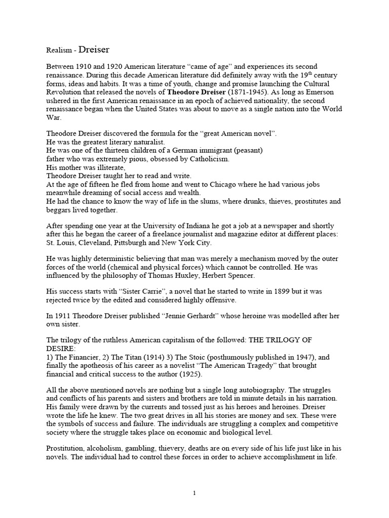 Realism Theodore Dreiser (PM) | PDF | Sister Carrie