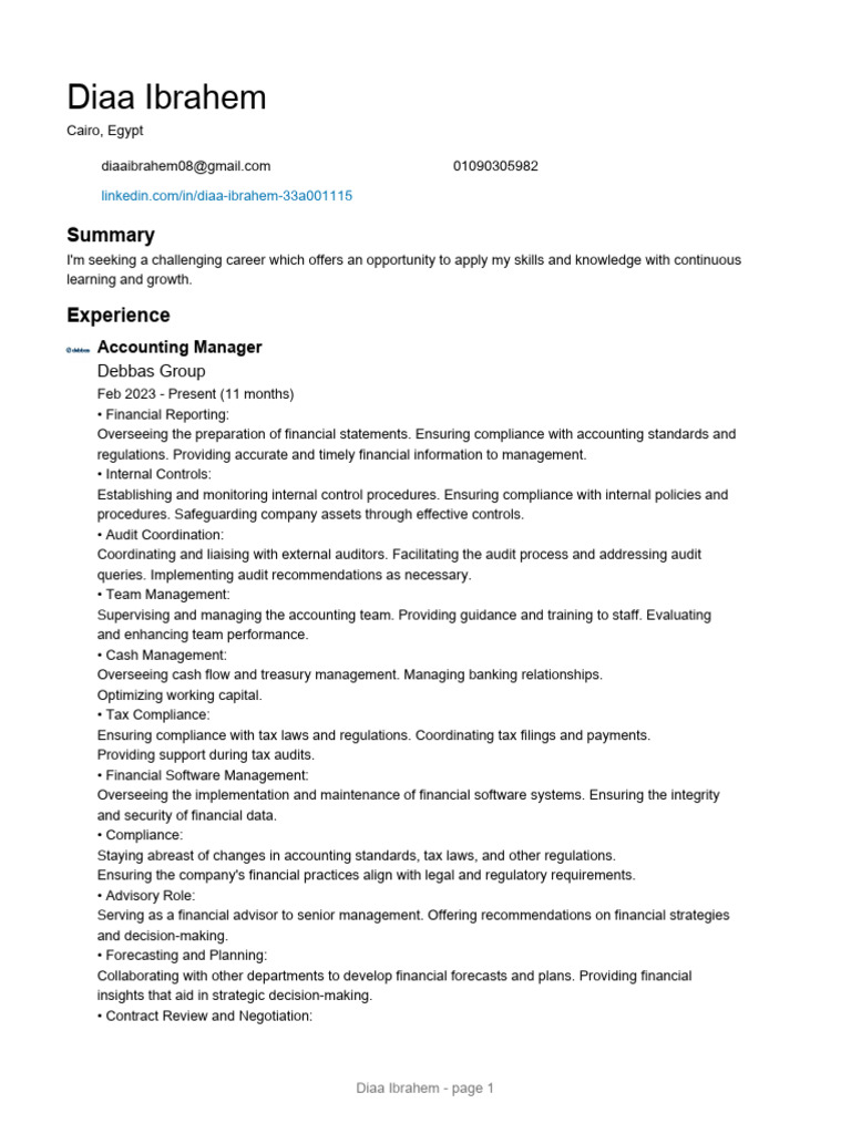Updated 2023 Resume-Accounting Manager-Diaa Ibrahem | PDF | Finance & Money Management