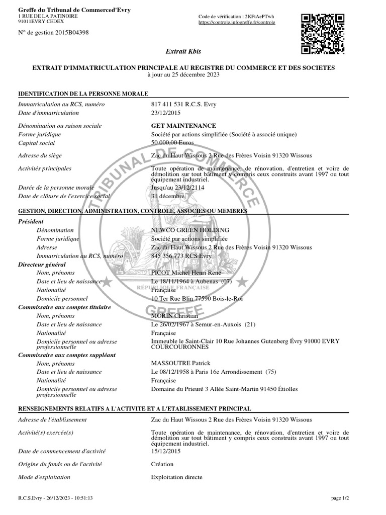 Extrait KBIS - GET MAINTENANCE | PDF