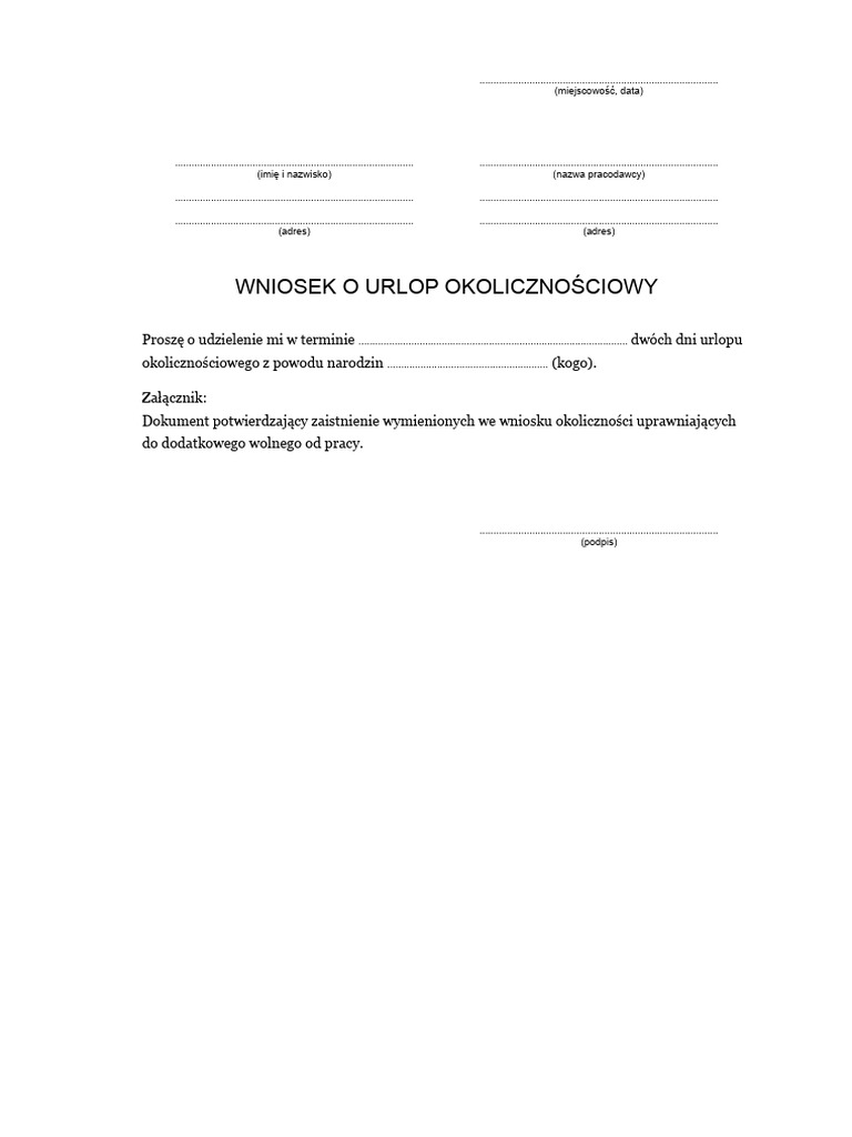 Wniosek o Urlop Okolicznosciowy W Zwiazku Z Urodzeniem Sie Dziecka ...