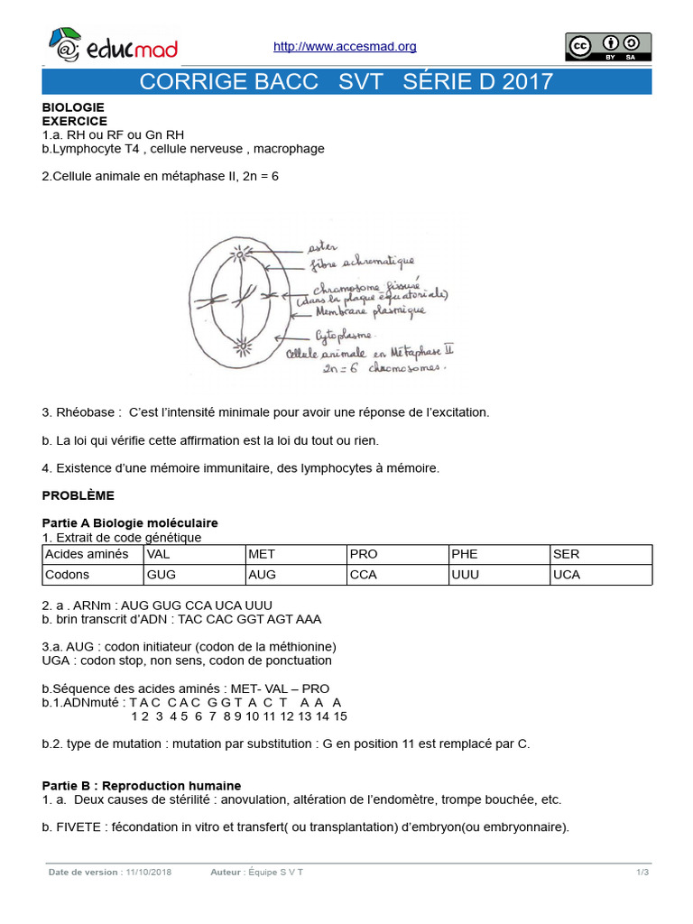 Corrigé Bacc SVT Série D 2017 | PDF