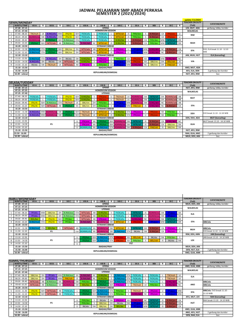 Jadwal Pelajaran Dan ToD SM2 2023 - 2024 | PDF