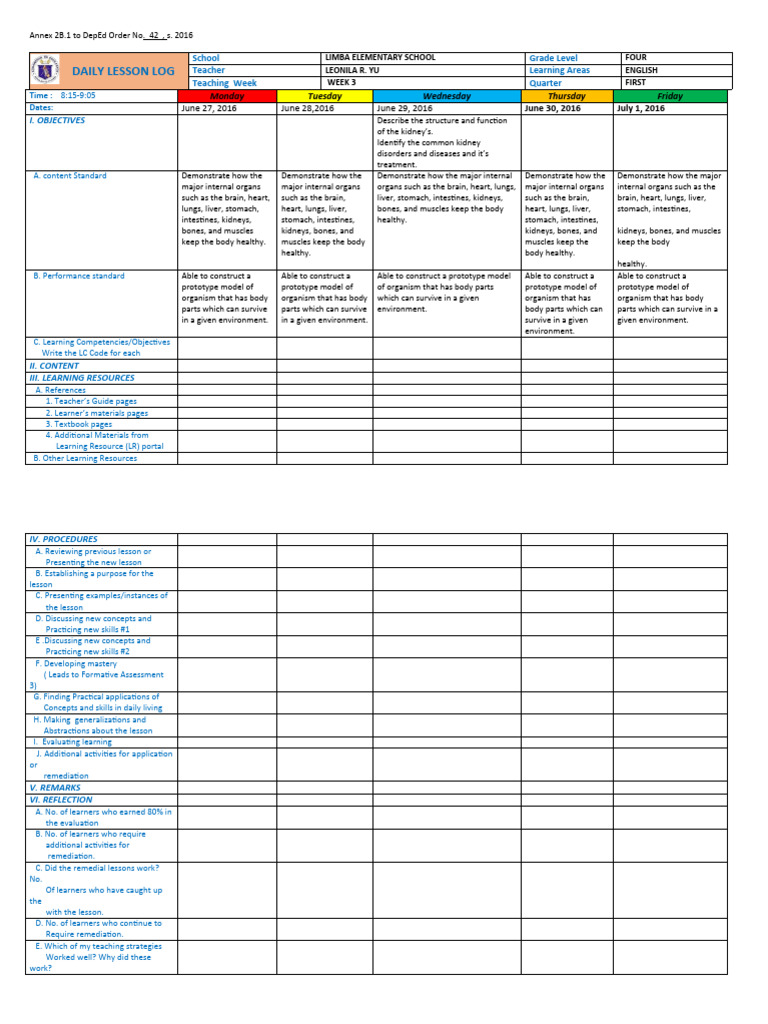 Daily Lesson Log Template DO 42 S 2016 | PDF