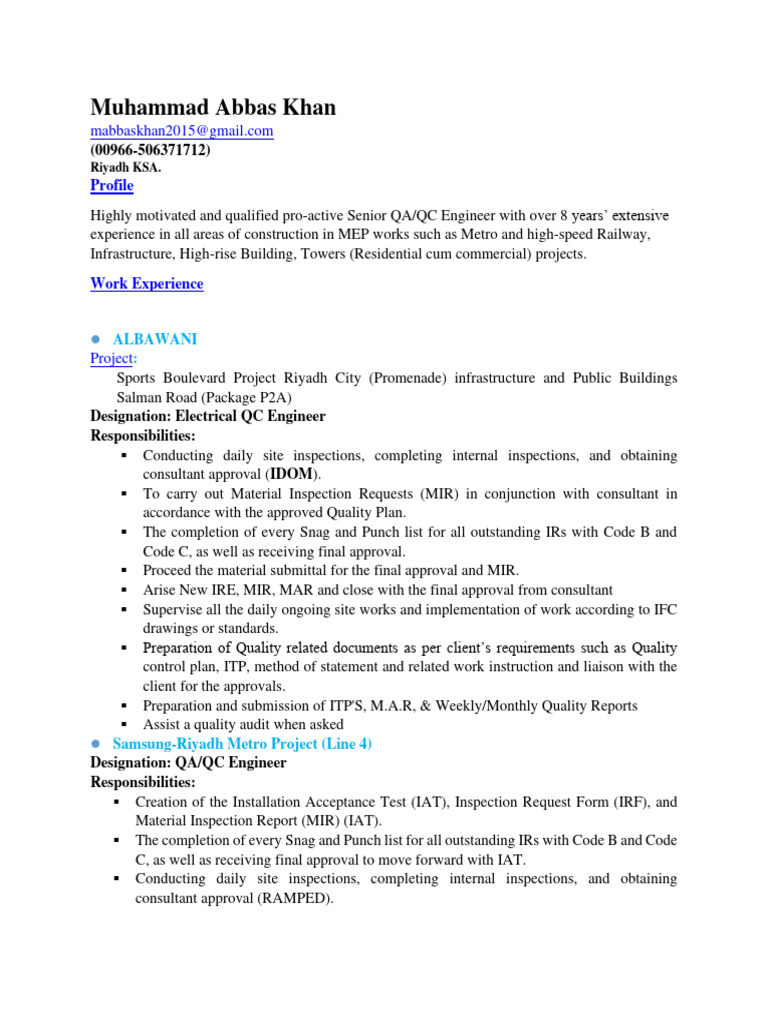Engr M.Abbas Khan Resume QAQC 1 | PDF