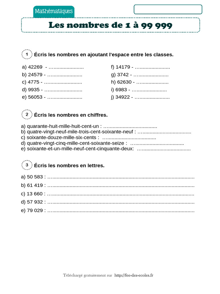 les nombres de 0-a-99 999 exercices Cm1 | PDF
