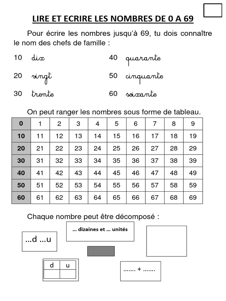 les Nombres de 0 à 69 sequence | PDF