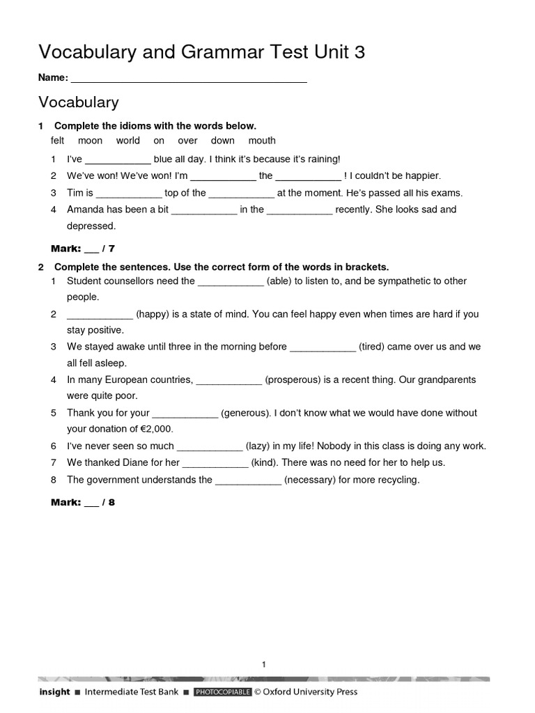 Vocabulary + Grammar Unit 3 | PDF