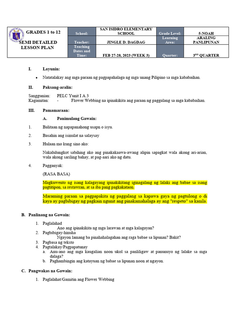 APAN SEMI DETAILED LESSON PLAN QUARTER 3 | PDF