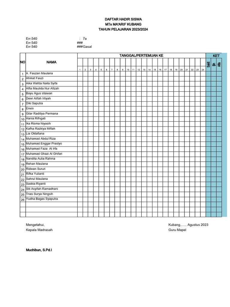 Daftar Hadir Siswa TP 2023-2024 | PDF