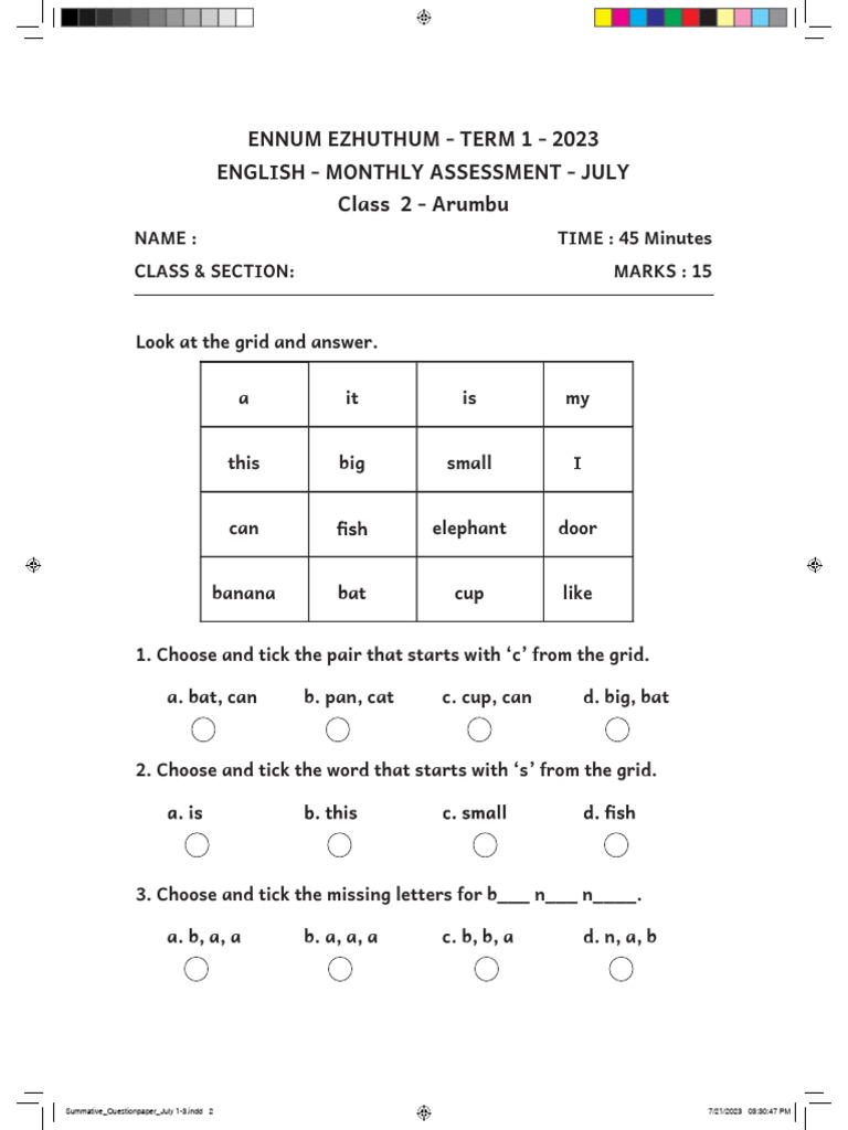 Class - 2 - English - SA - Term 1 - July | PDF