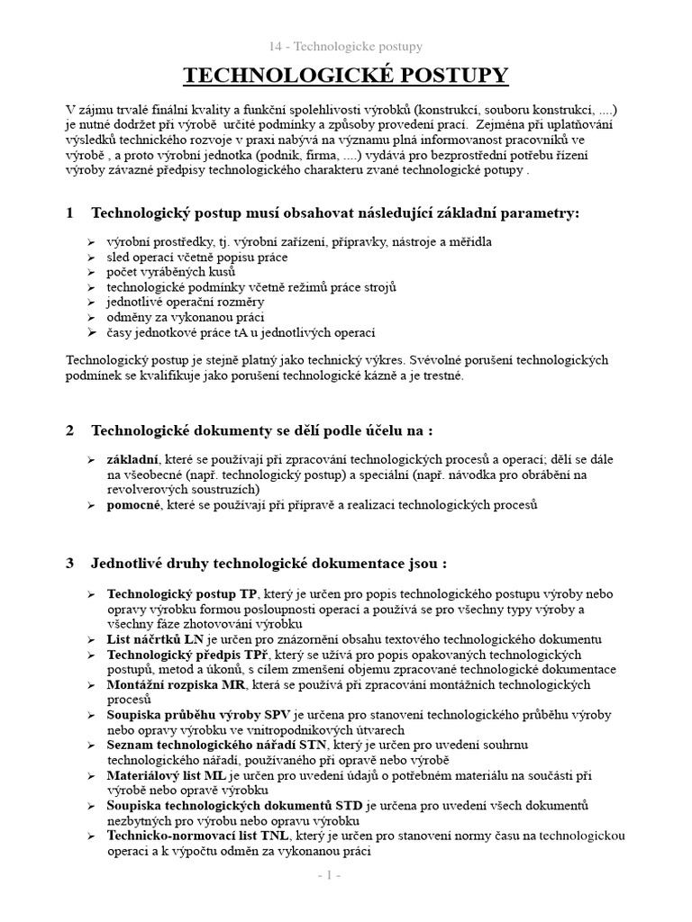 Technologické Postupy: 1 Technologický Postup Musí Obsahovat Následující Základní Parametry | PDF