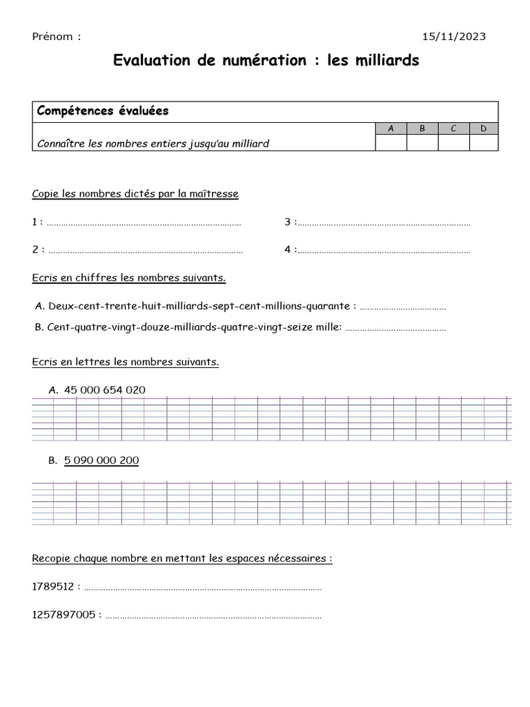 EVALUATION NUMERATION CM2 | PDF