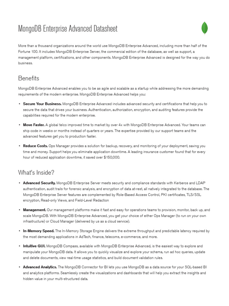 MongoDB Enterprise Advanced Datasheet | PDF | Mongo Db | Databases