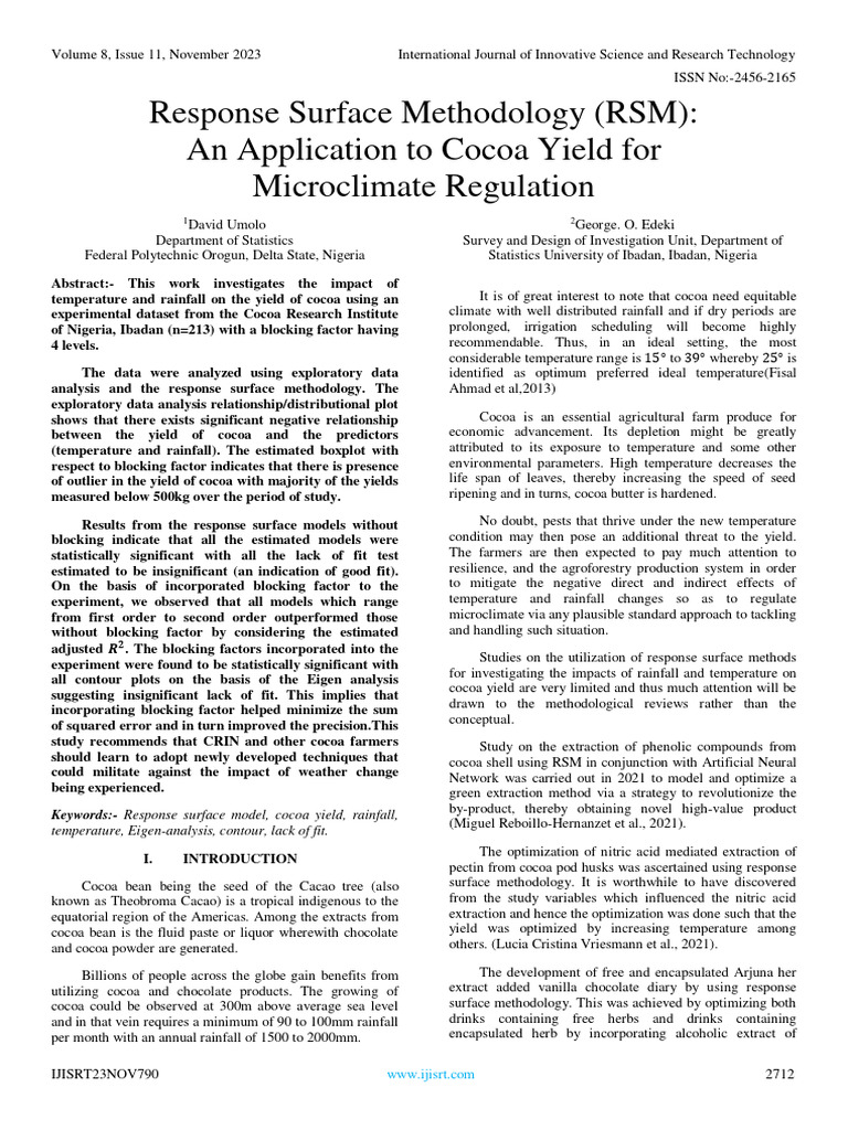 Response Surface Methodology (RSM) : An Application To Cocoa Yield For Microclimate Regulation ...