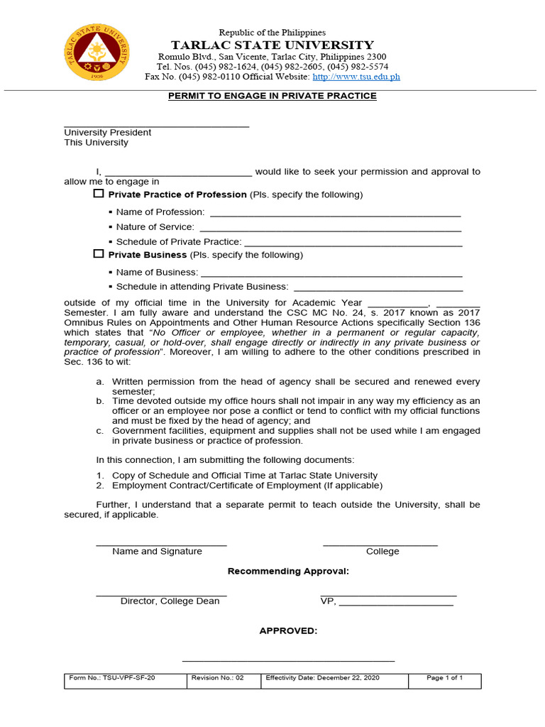TSU Private Practice Permit Form | PDF | Employment | Labor
