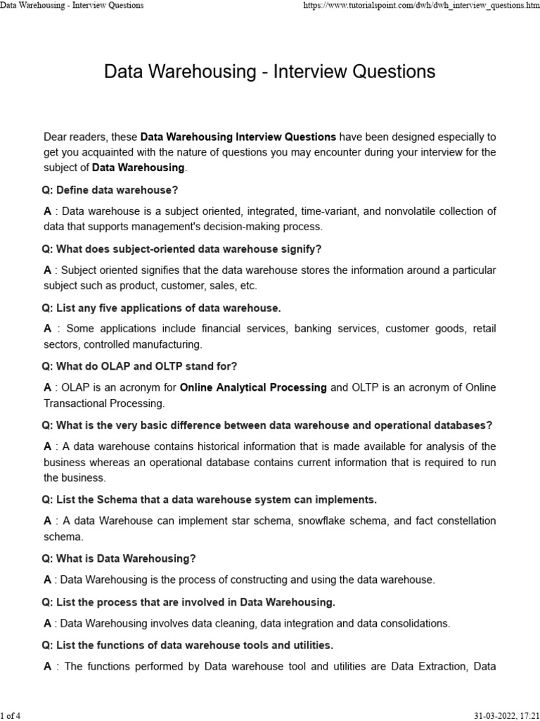 Data Warehousing - Interview Questions | PDF