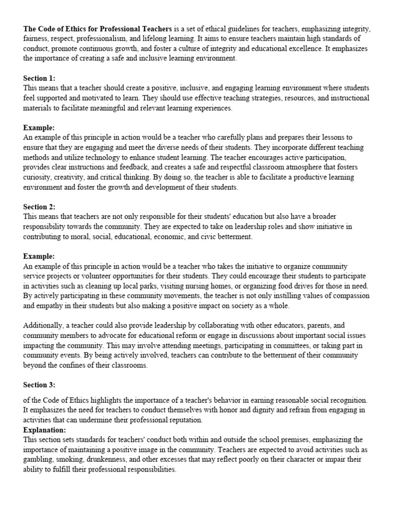 The Code of Ethics For Professional Teachers Is A Set of Ethical ...