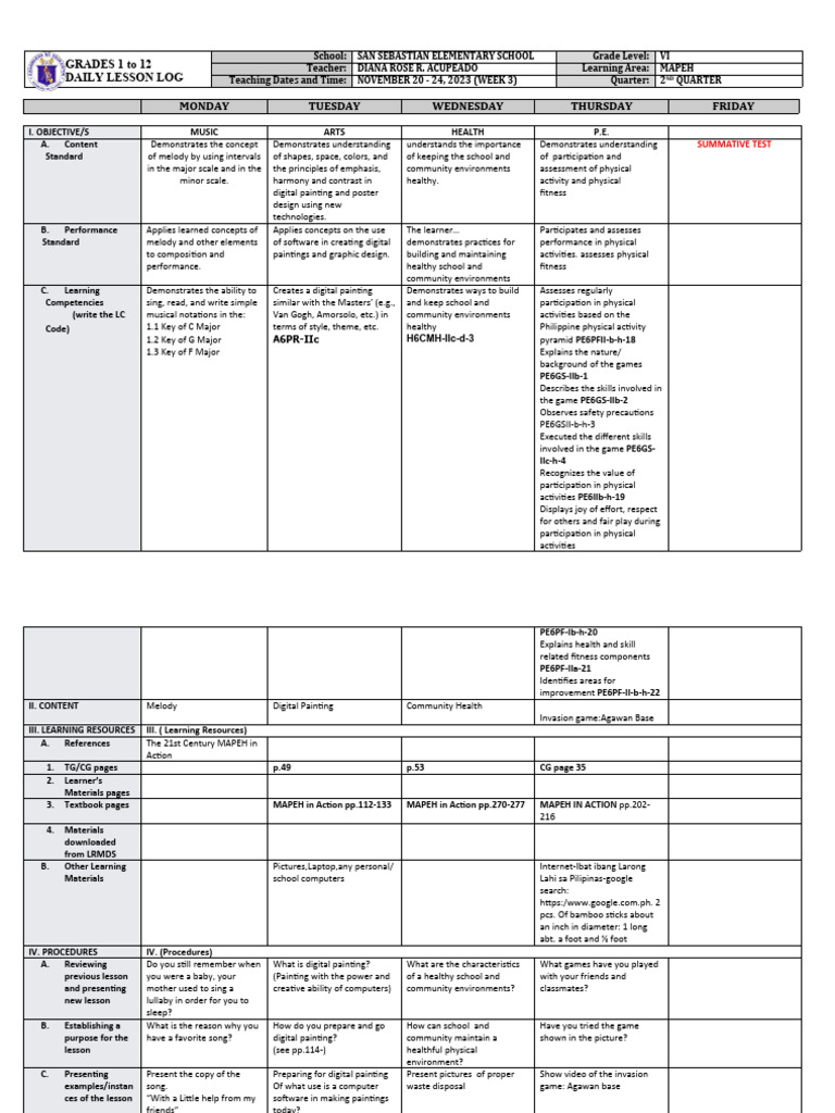 DLL - Mapeh 6 - Q2 - W3 | PDF