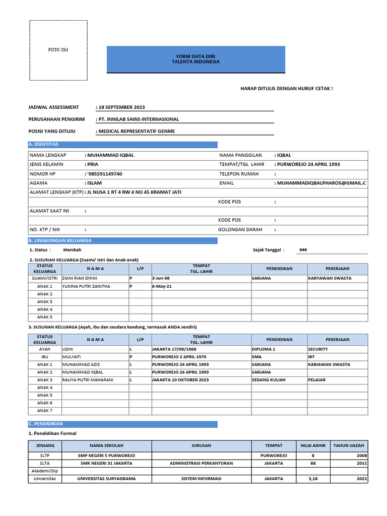 Form Data Diri - Talenta Indonesia | PDF