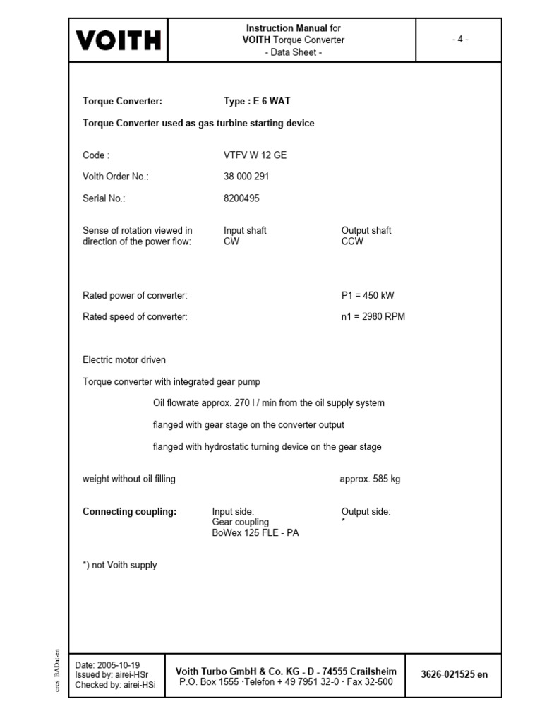 Voith Turbo Torque Converter Data Sheet | PDF