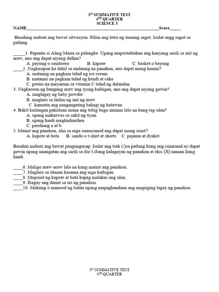 3rd - SUMMATIVE TEST 4th Quarter | PDF