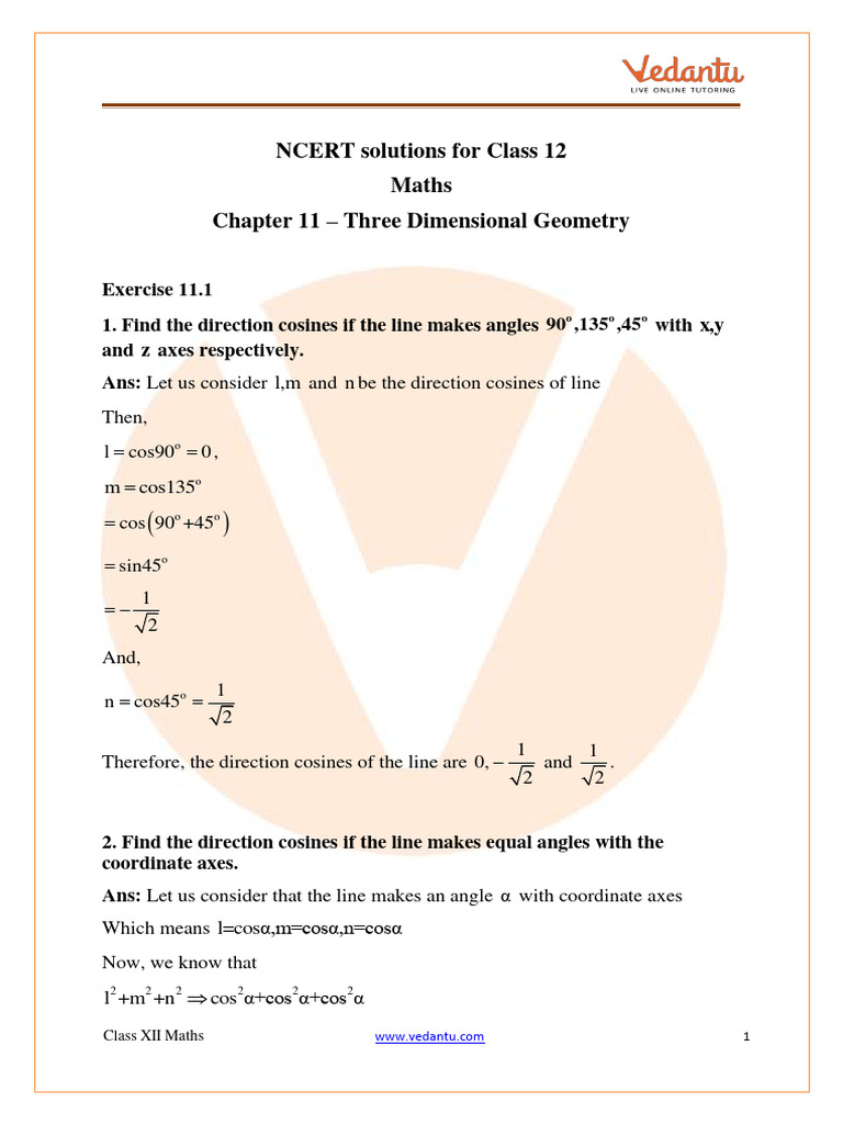NCERT Solutions For Class 12 Maths Chapter 11 - Three Dimensional Geometry - . | PDF