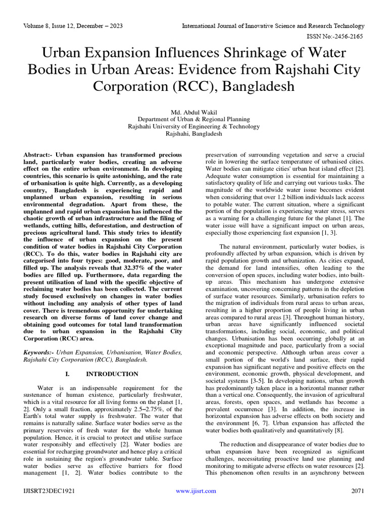Urban Expansion Influences Shrinkage of Water Bodies in Urban Areas: Evidence From Rajshahi City ...