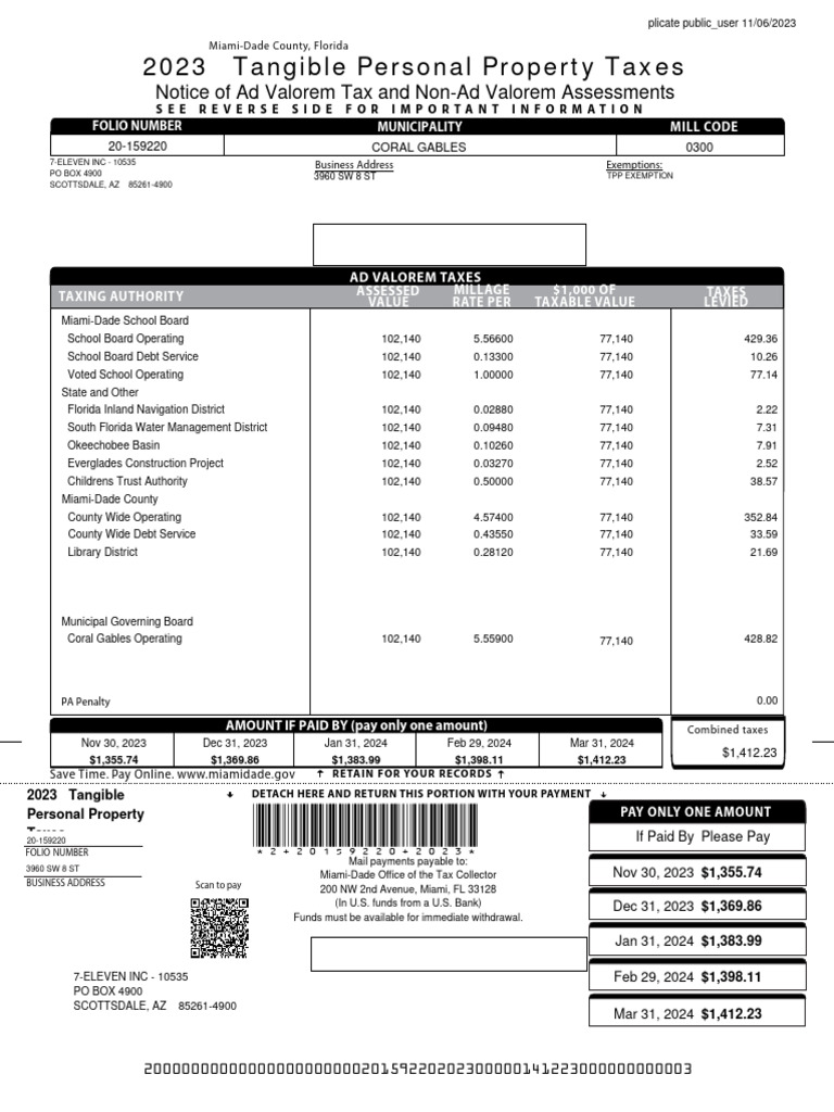 Miami Dade Tangible Property 20 159220 2023 Annual Bill | PDF ...