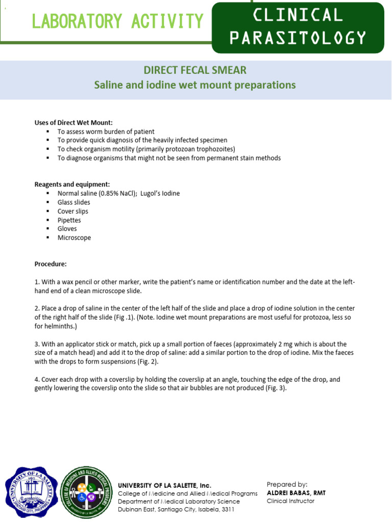 Direct Wet Mount Procedure for Fecal Analysis | PDF
