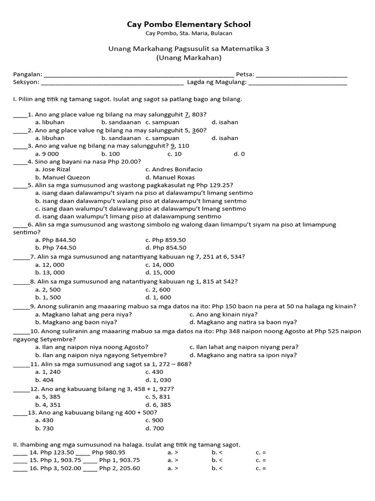 First Periodical Test - Math 3 | PDF
