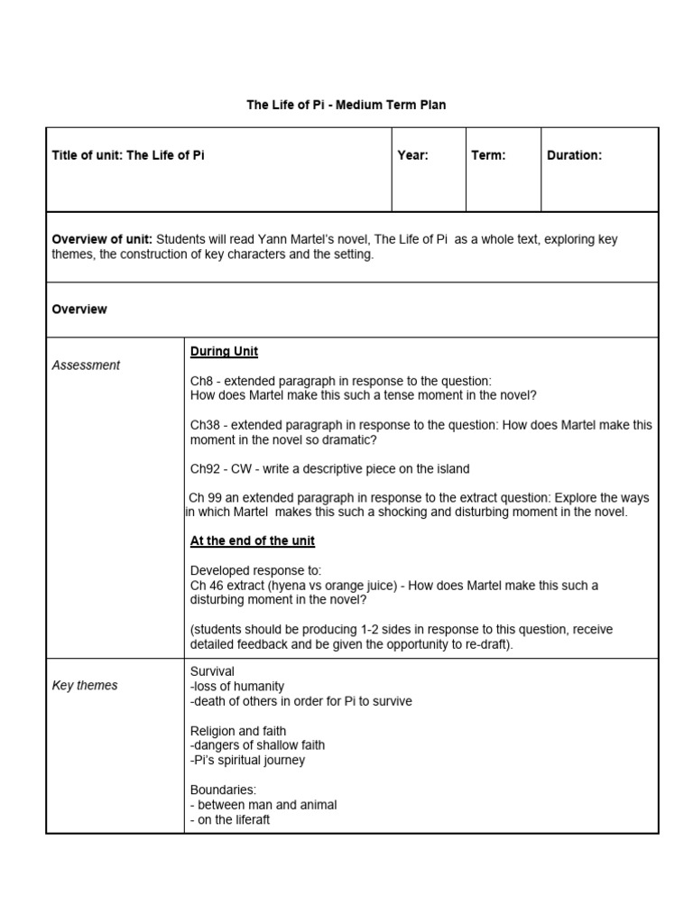 The Life of Pi Medium Term Plan | PDF