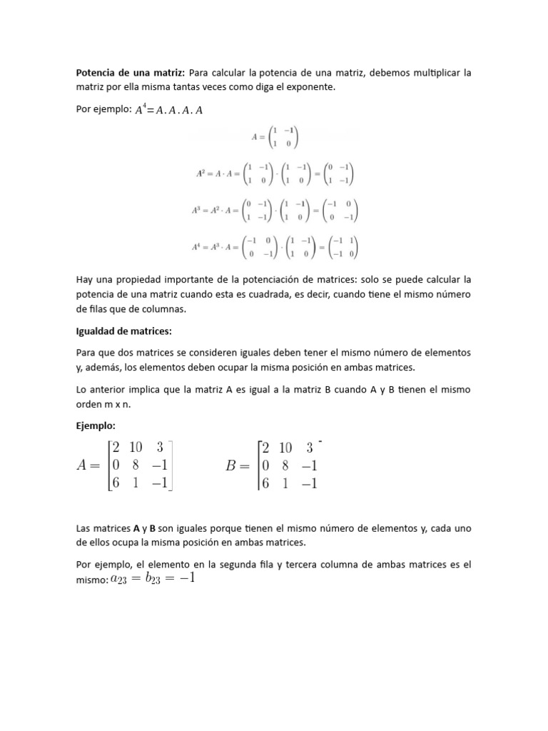 Potencia de Matrices, Igualdad de Matrices, Matriz Inversa. | PDF