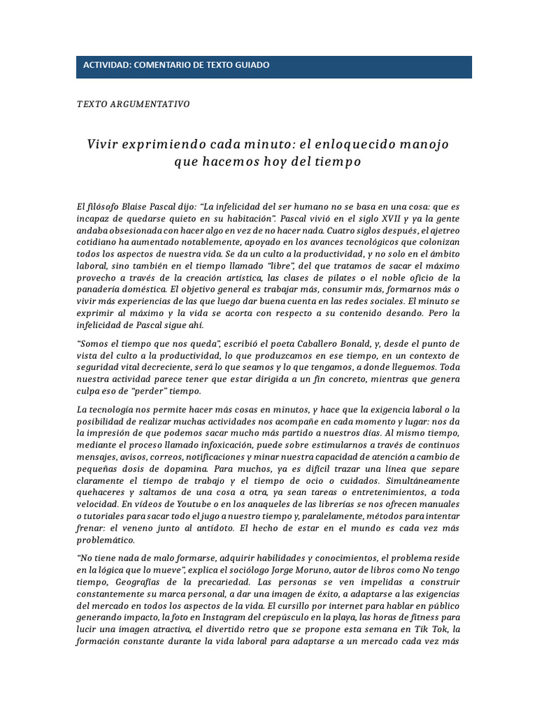 Actividad unidad 4 Comentario de texto guiado (texto argumentativo) (1) | PDF