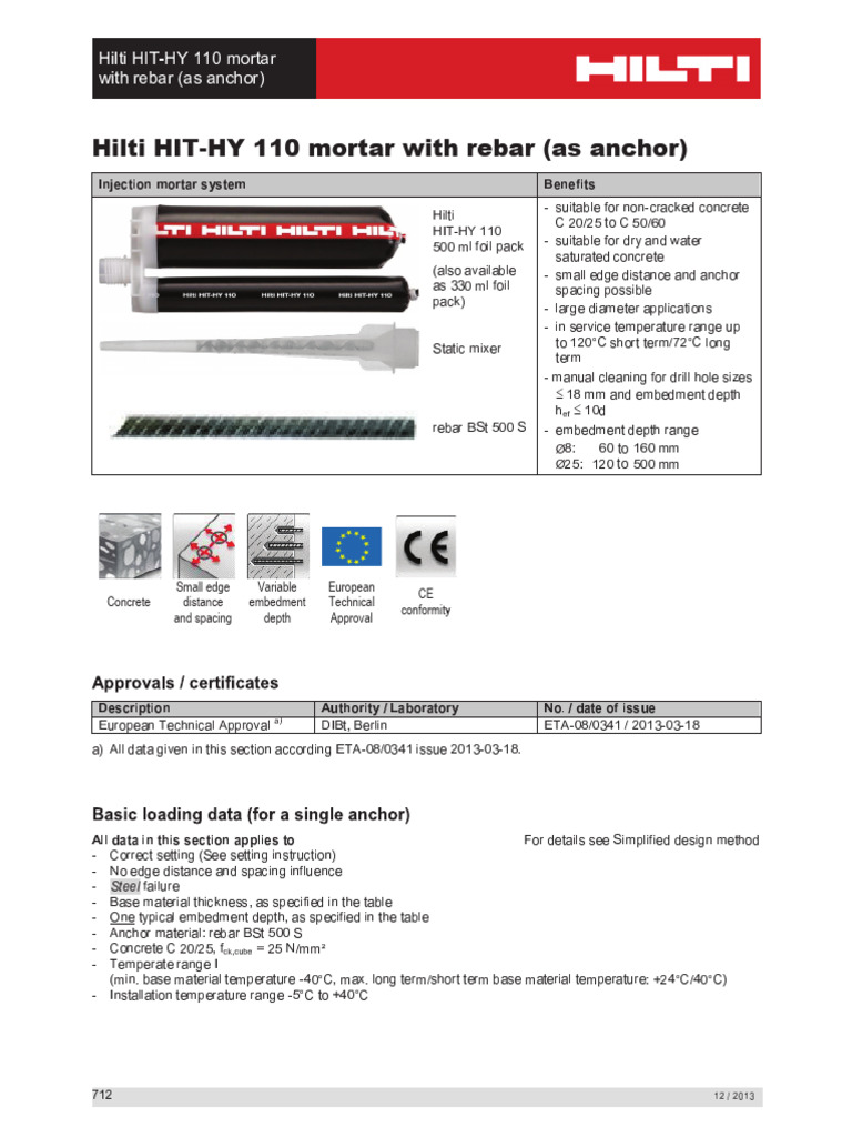 Technical Datasheet HIT-HY110 With Rebar | PDF