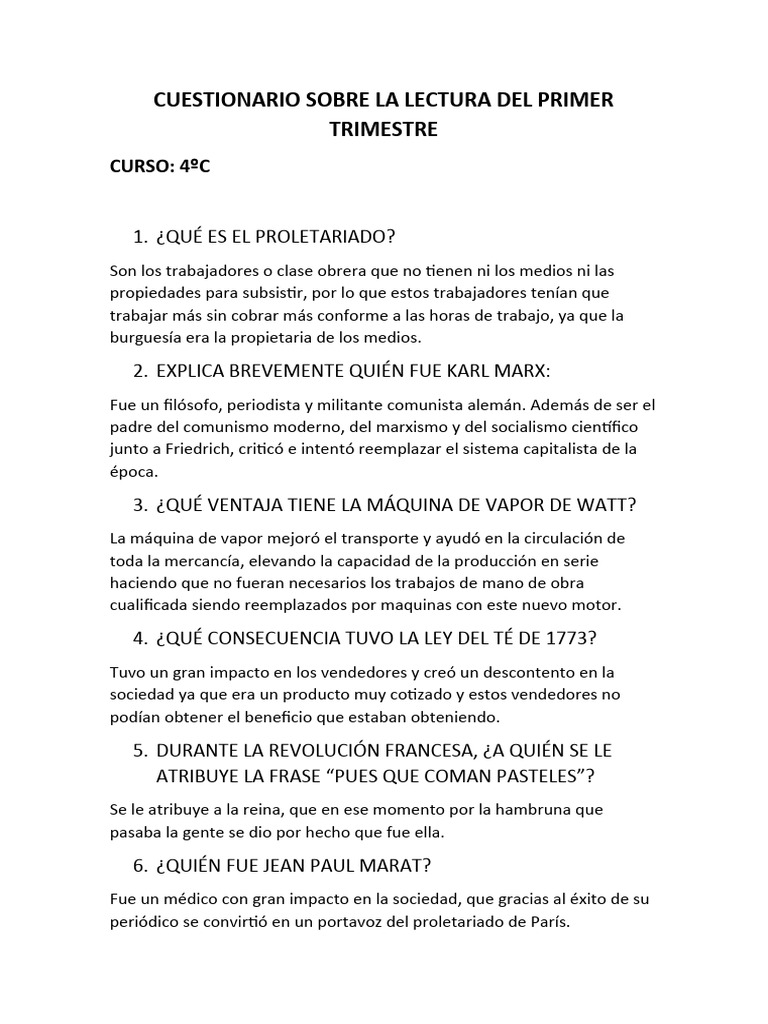 CUESTIONARIO SOBRE LA LECTURA DEL PRIMER TRIM | PDF